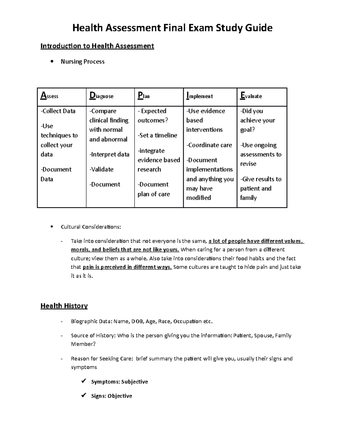 HA final review - Summary Foundations Of Health Assessment - Health ...