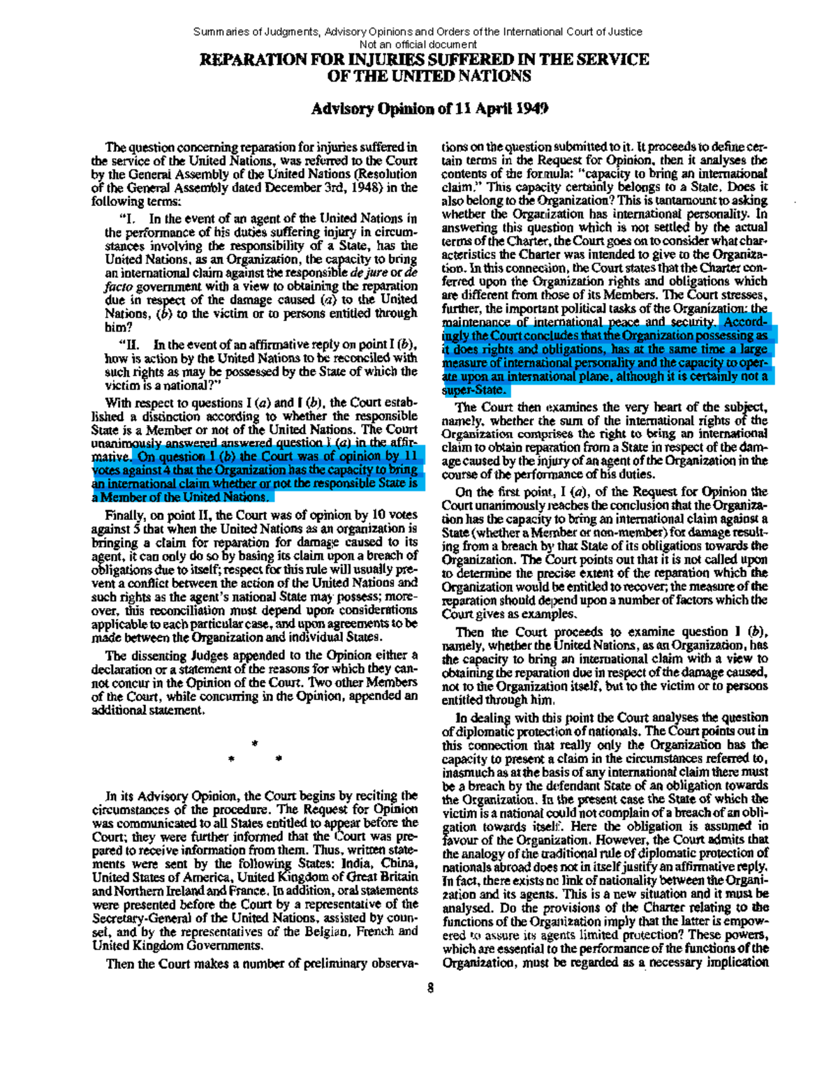 Reparation for injuries suffered in service of the UN case ...