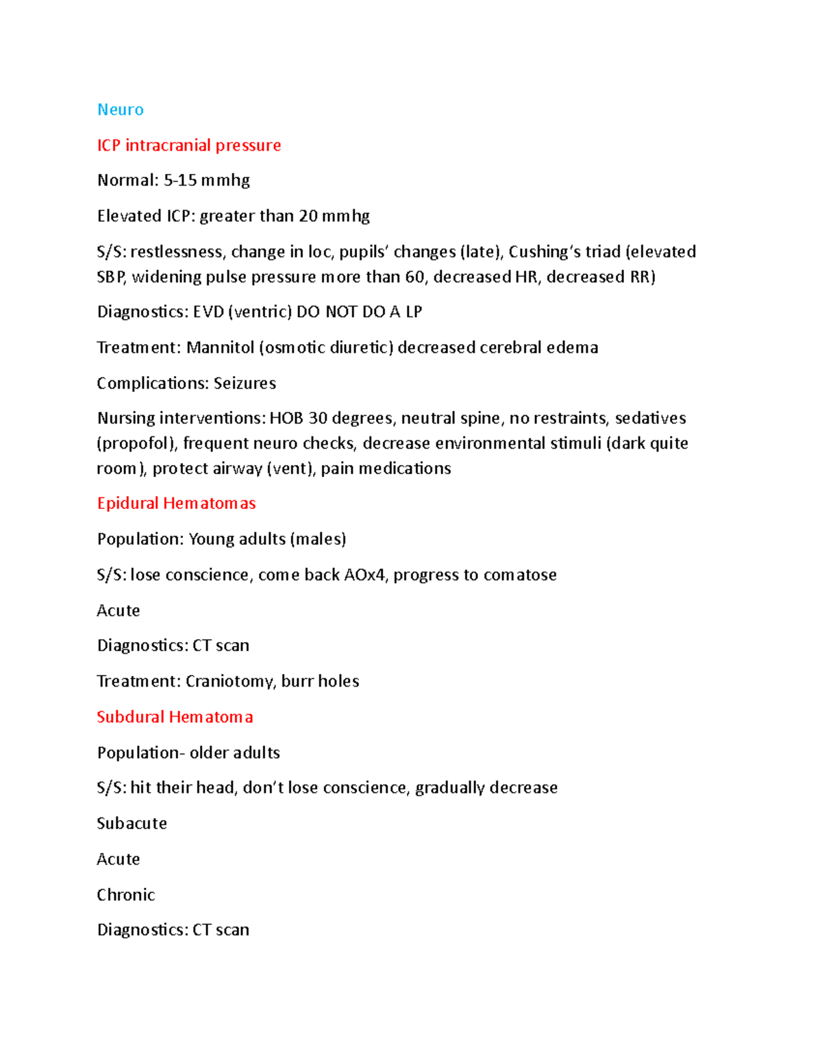 Final Exam Review NR-325 - Neuro ICP intracranial pressure Normal: 5-15 ...