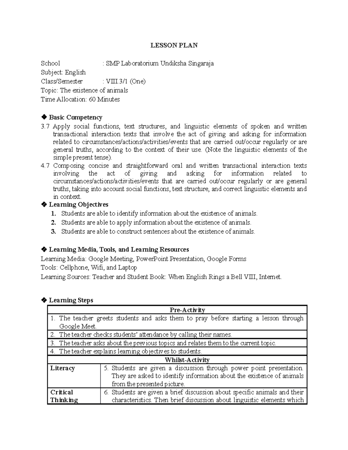 Lesson PLAN FOR Existence OF Things TEAM Teaching - LESSON PLAN School ...