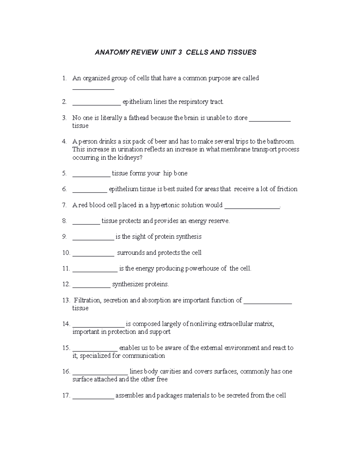 Anatomy Review CH 34 Cells AND Tissues - ANATOMY REVIEW UNIT 3 CELLS ...