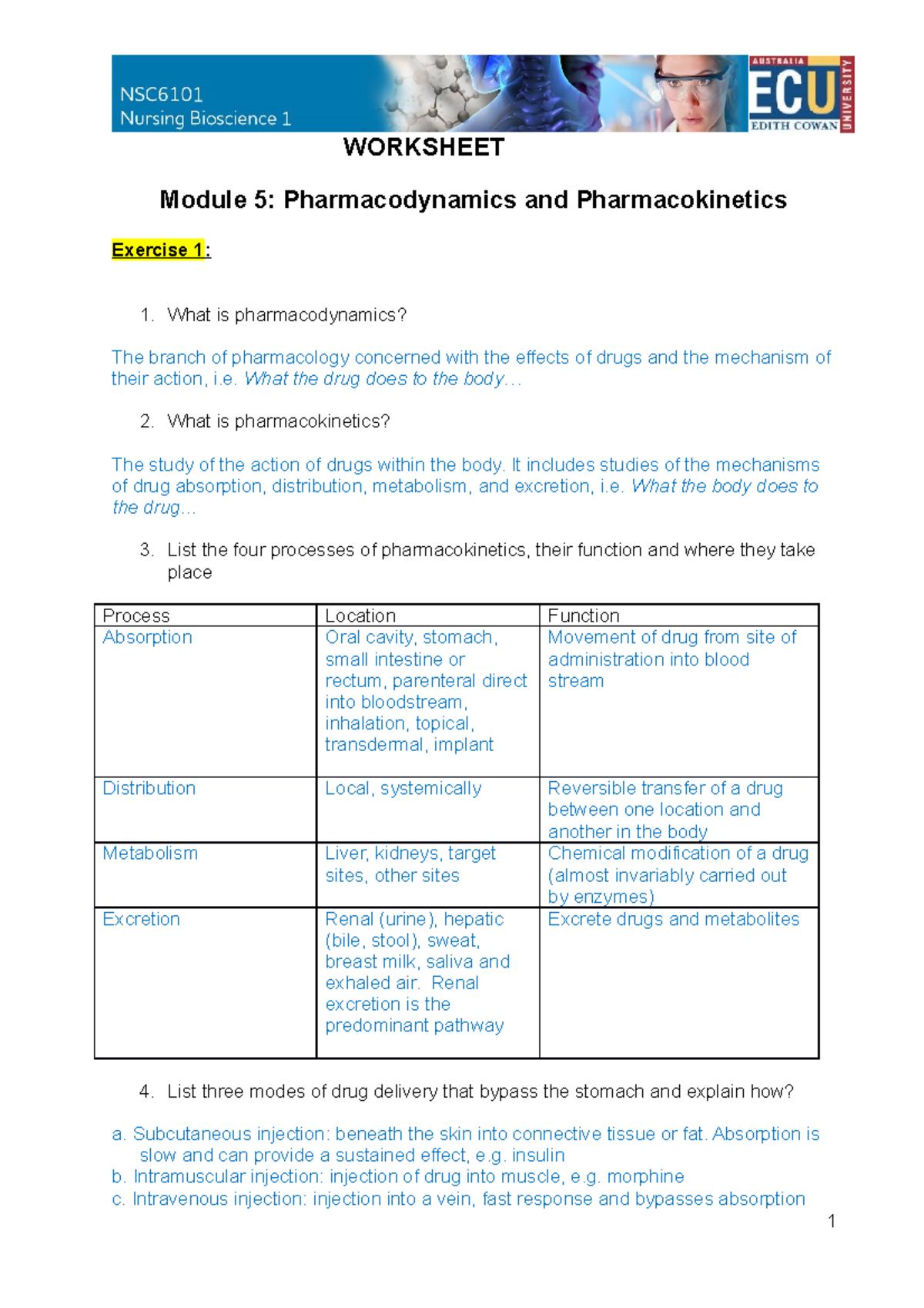 Week 5 Pharmacodynamics and Pharmacokinetics Worksheet Answers ...