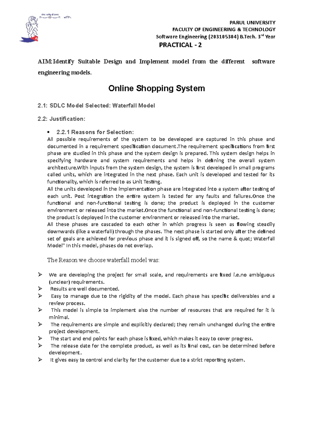 2 - fxhgcjvkbnlm; - PARUL UNIVERSITY FACULTY OF ENGINEERING & TECHNOLOGY Software Engineering ...