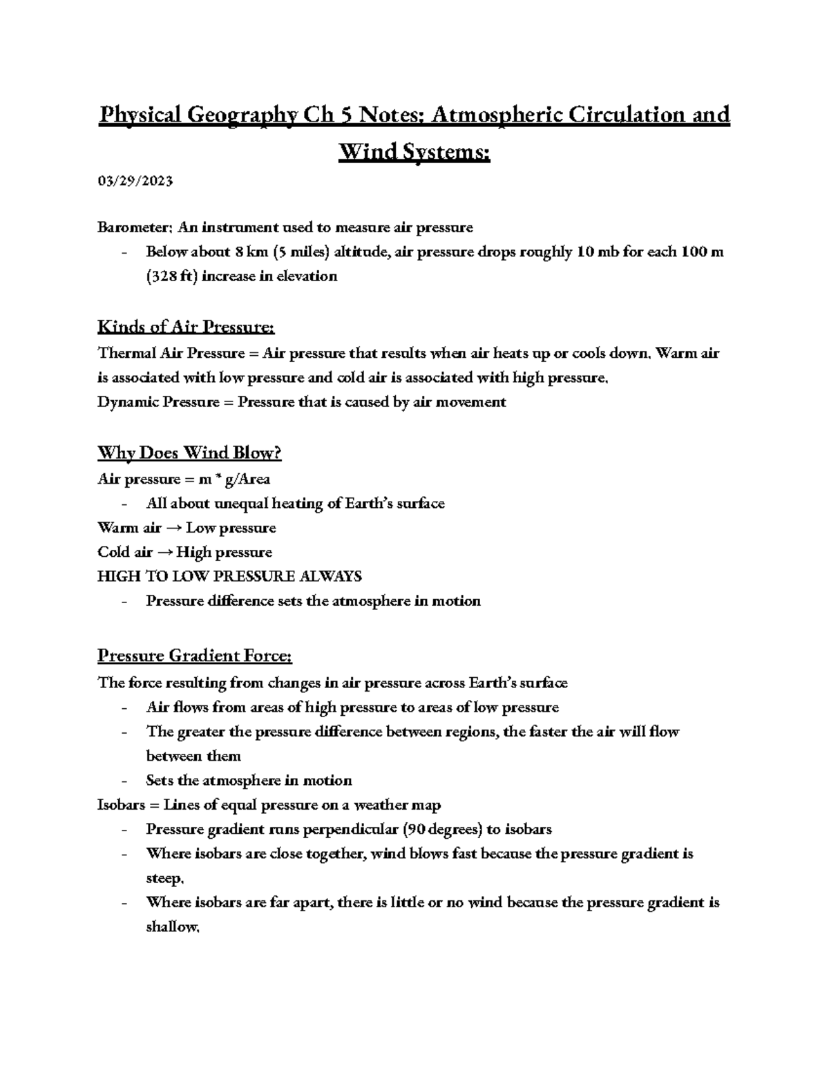 Physical Geography Ch 5 Notes Atmospheric Circulation and Wind Systems ...