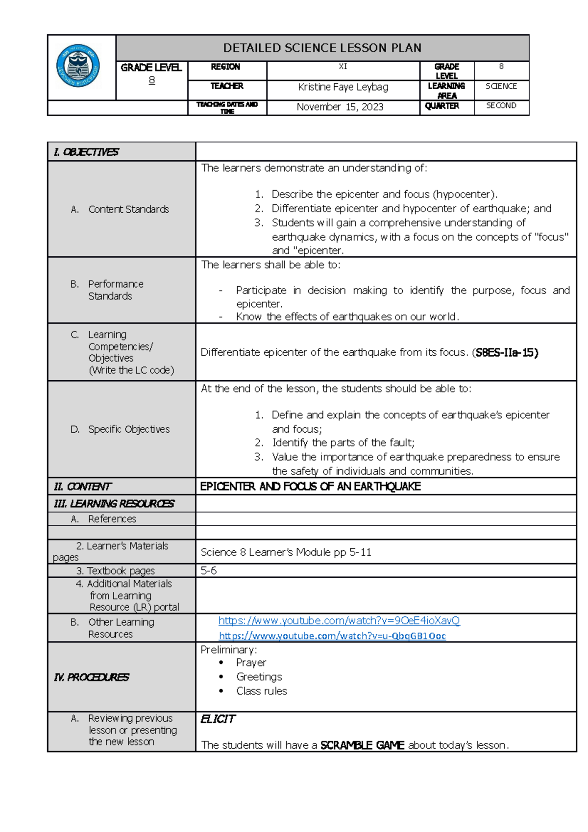 LP - Lesson plan about earthquake grade 8 - GRADE LEVEL 8 REGION XI ...