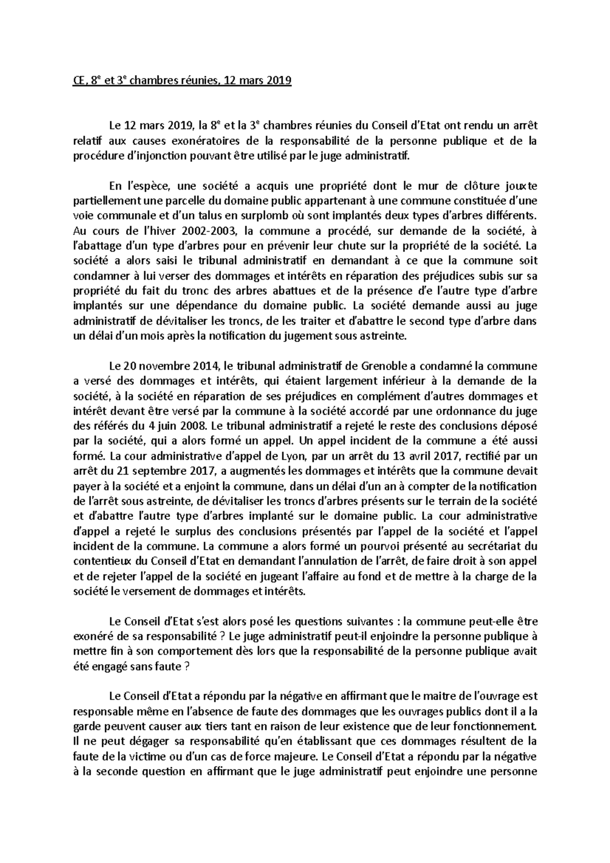 Fiche Darrêt Ce 8e Et 3e Ch Réunies 12 Mars 2019 Droit