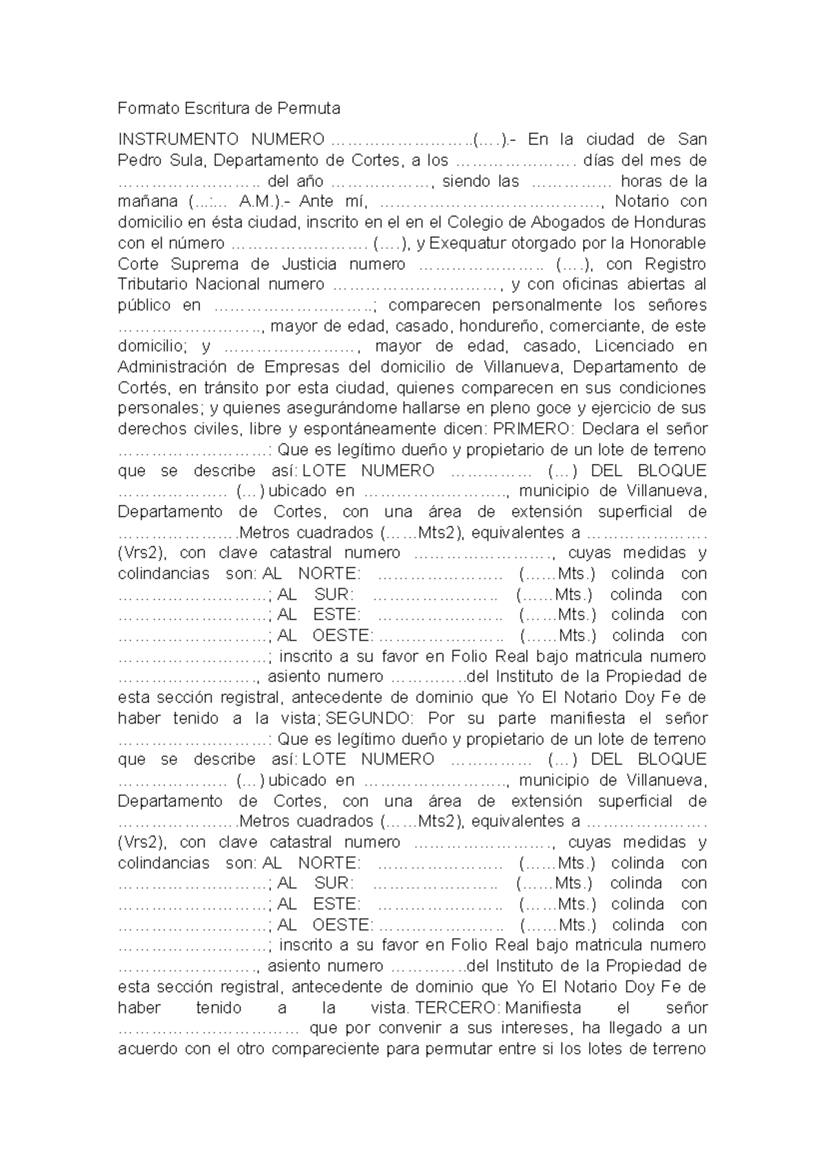 Formato Escritura de Permuta - Formato Escritura de Permuta INSTRUMENTO ...