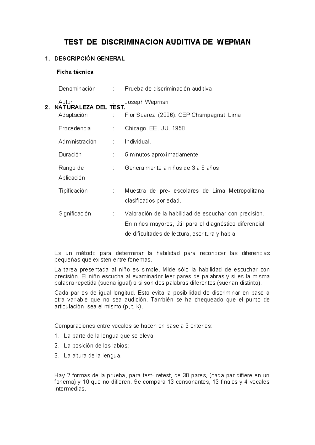 TEST DE Wepman - TEST DE DISCRIMINACION AUDITIVA DE WEPMAN 1 ...