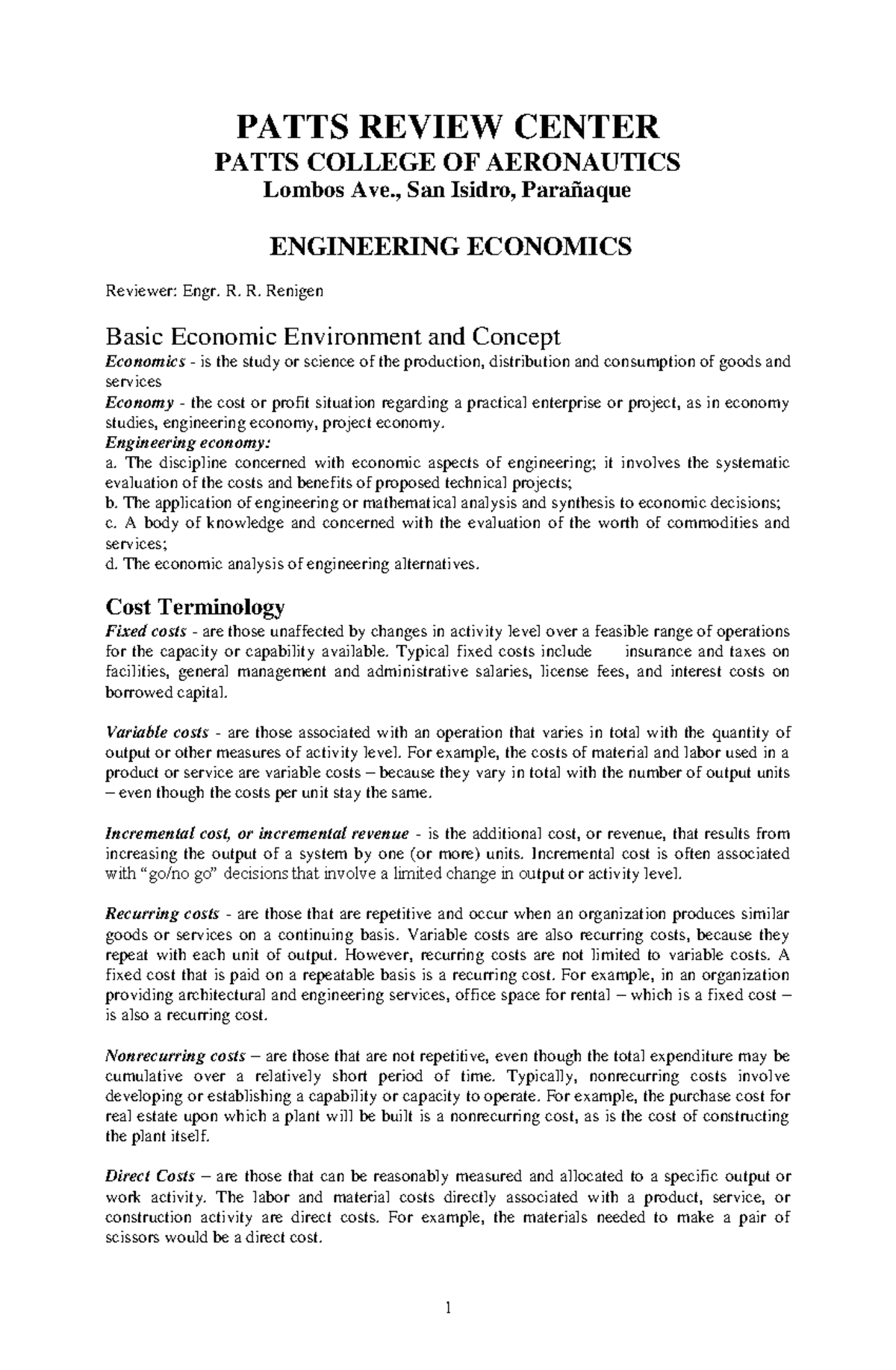 Pdfcoffee - Hdjsjs - PATTS REVIEW CENTER PATTS COLLEGE OF AERONAUTICS Lombos Ave., San Isidro ...