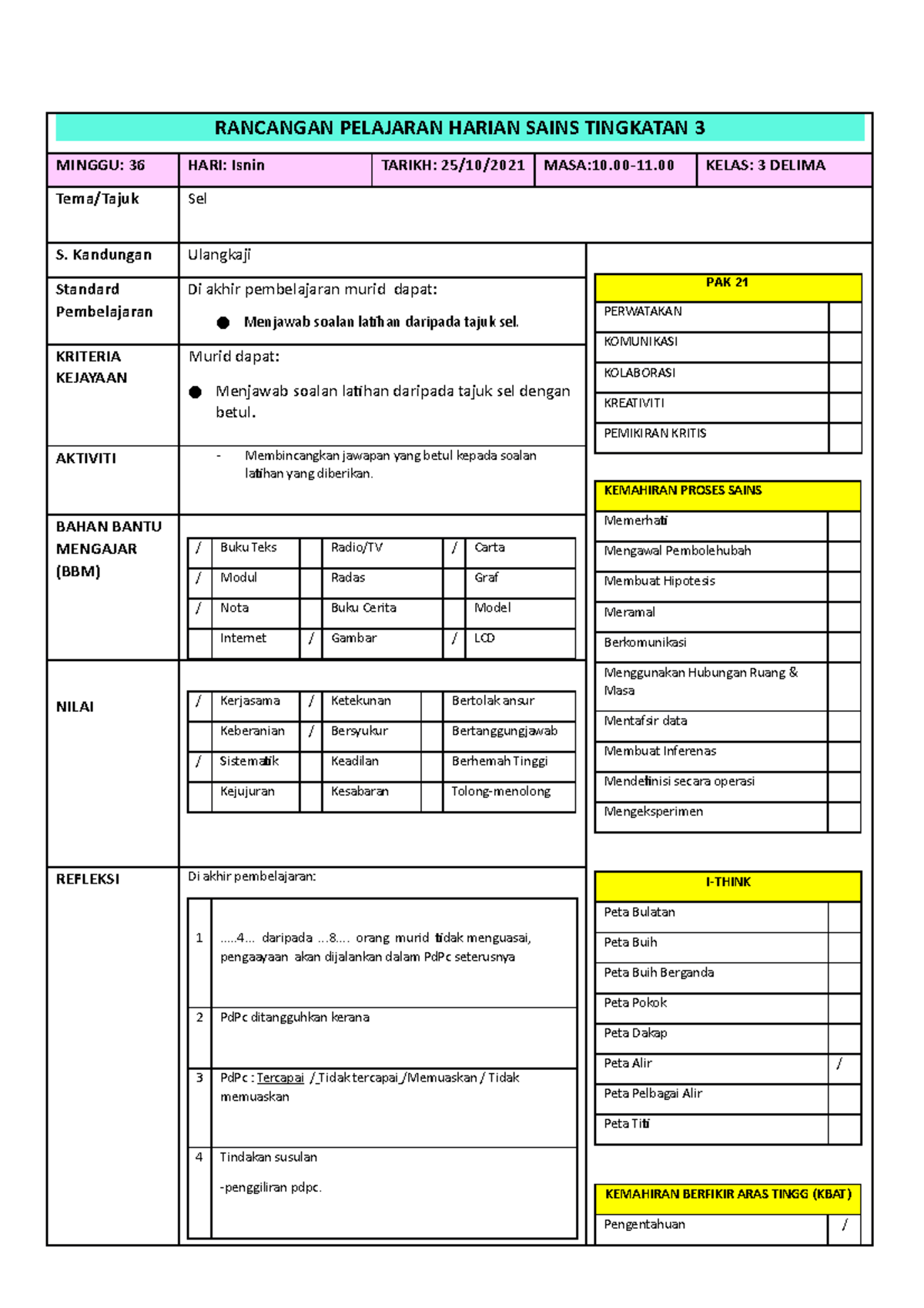 Isnin 25102021 - LESSON PLAN 2021-2022 - RANCANGAN PELAJARAN HARIAN SAINS TINGKATAN 3 MINGGU: 36 ...