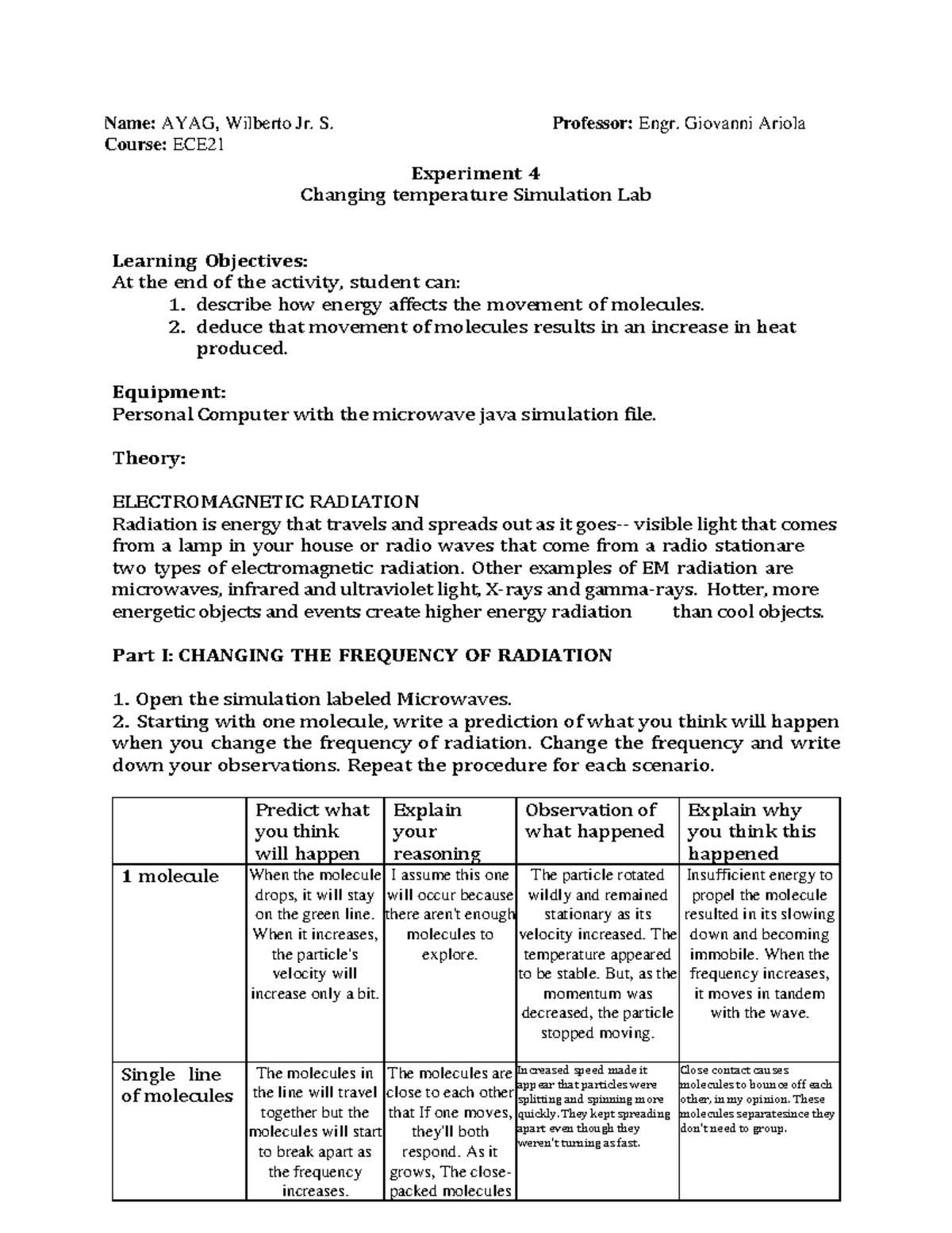 LAB Experiment 4 - Name: AYAG, Wilberto Jr. S. Professor: Engr ...