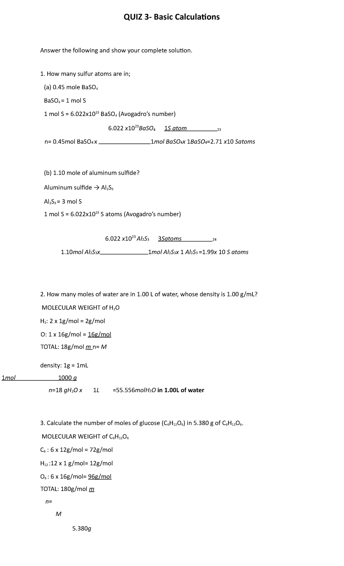 Basic Calculation Quiz3 c5 - QUIZ 3- Basic Calculations Answer the ...