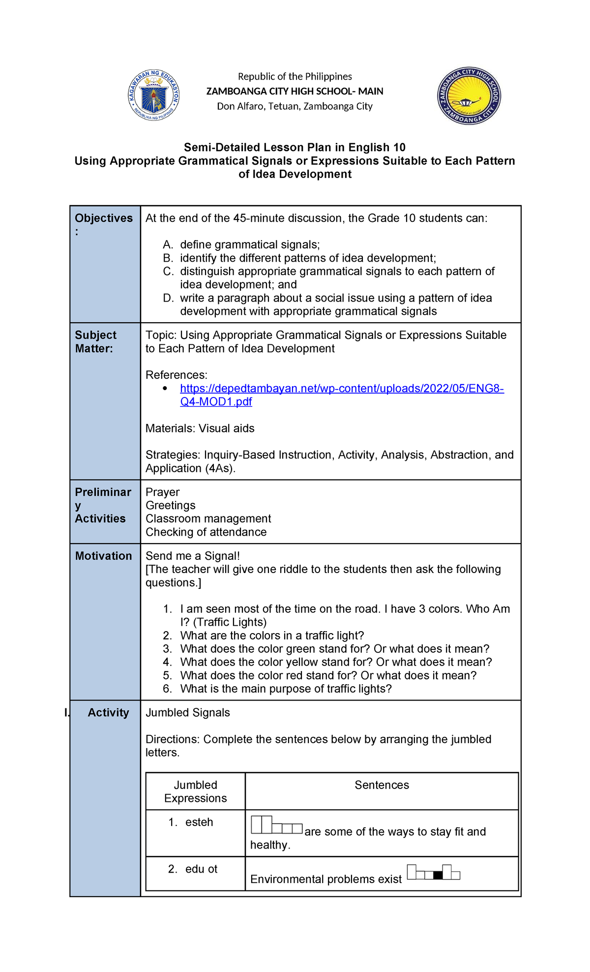 SEMI- Detailed LP - SEMI DLP - Republic of the Philippines ZAMBOANGA ...