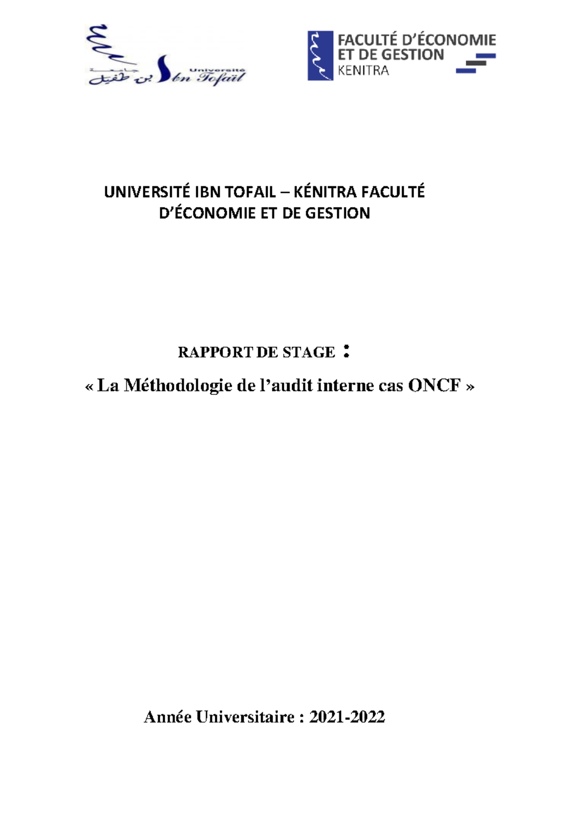 Rapport de stage ONCF sous le theme Méthodologie de l'audit interne ...