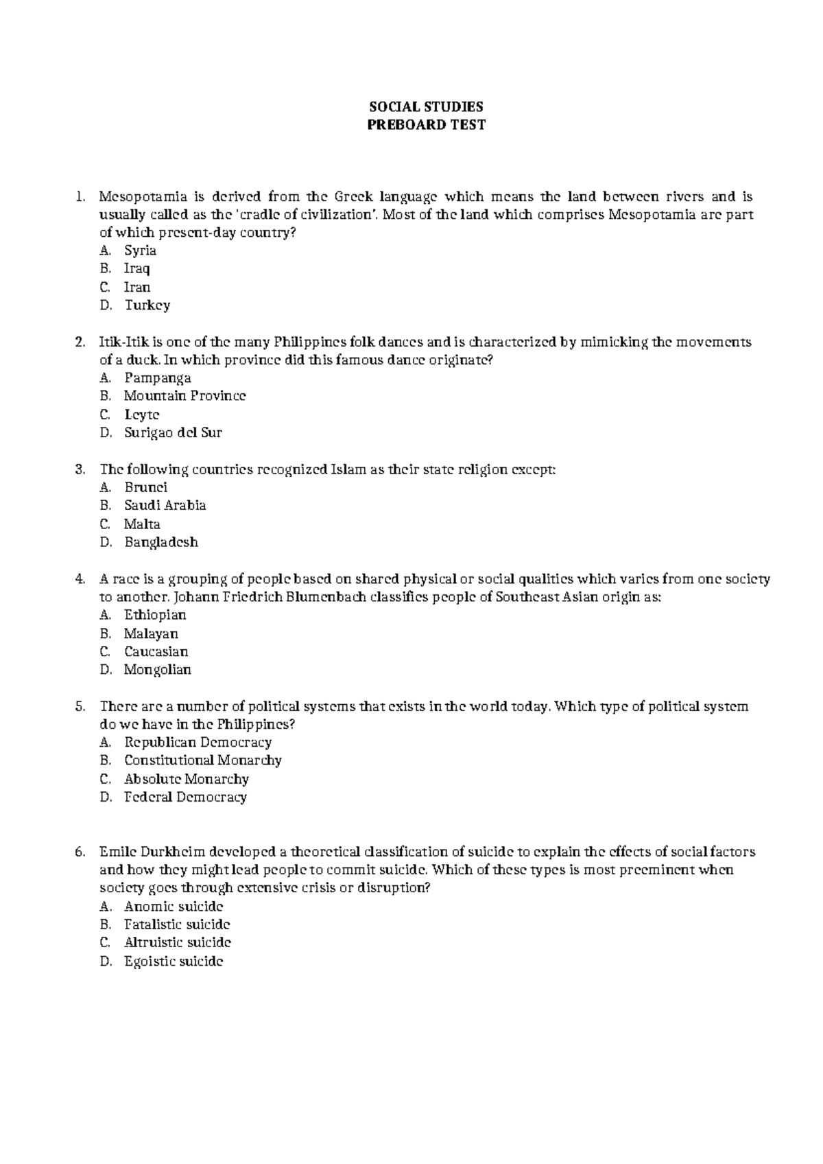 SSci Pre Board Test - SOCIAL STUDIES PREBOARD TEST Mesopotamia is ...
