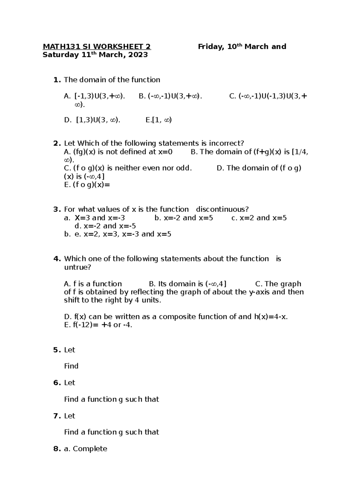 Worksheet 2 - PRACTICE MATERIAL - MATH131 SI WORKSHEET 2 Friday, 10th ...