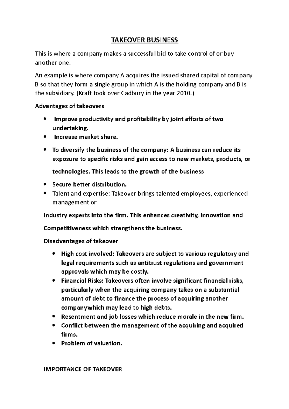 Takeover Business - Bachelors of Commerce - Studocu