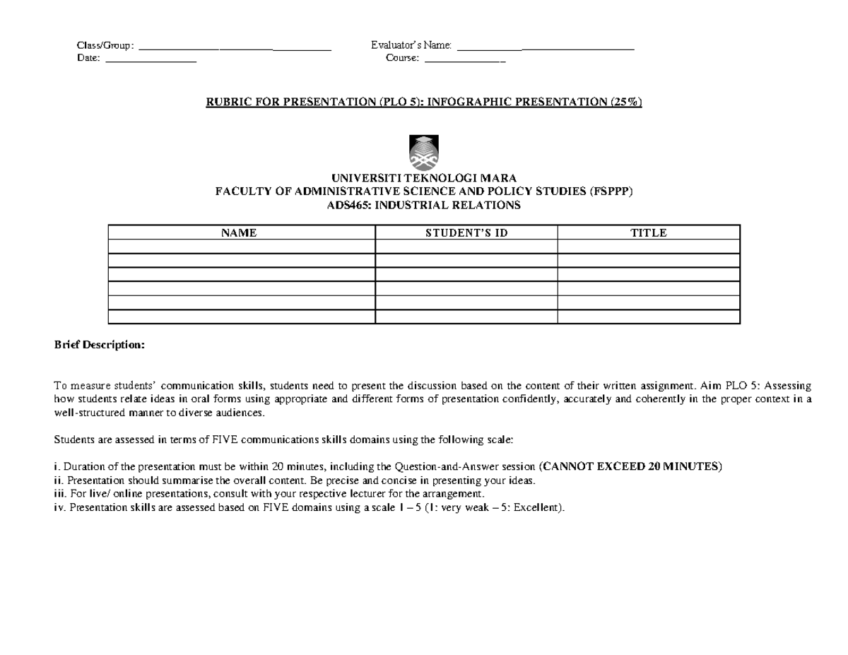 Rubric FOR Presentation (Communication Skills) ADS465 Finale 1 2023 ...