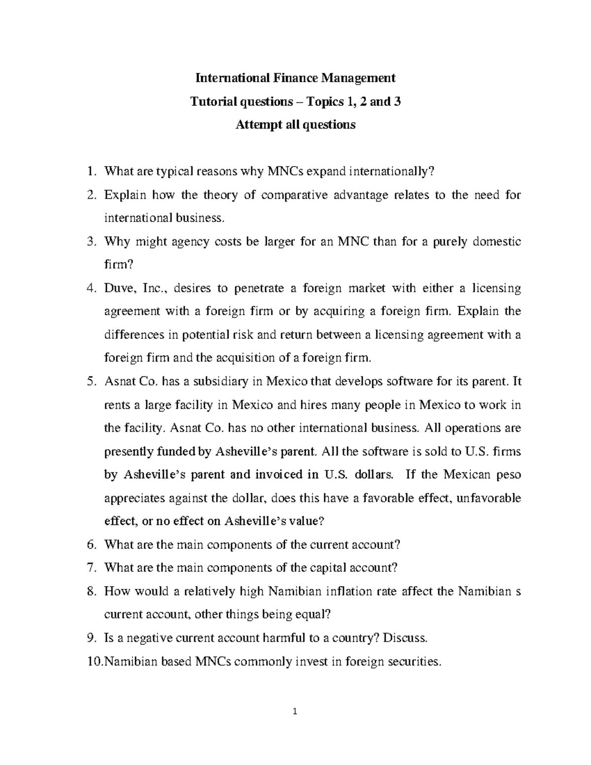 Tutorial One-PDF - LECTURE'S NOTES - 1 International Finance Management ...