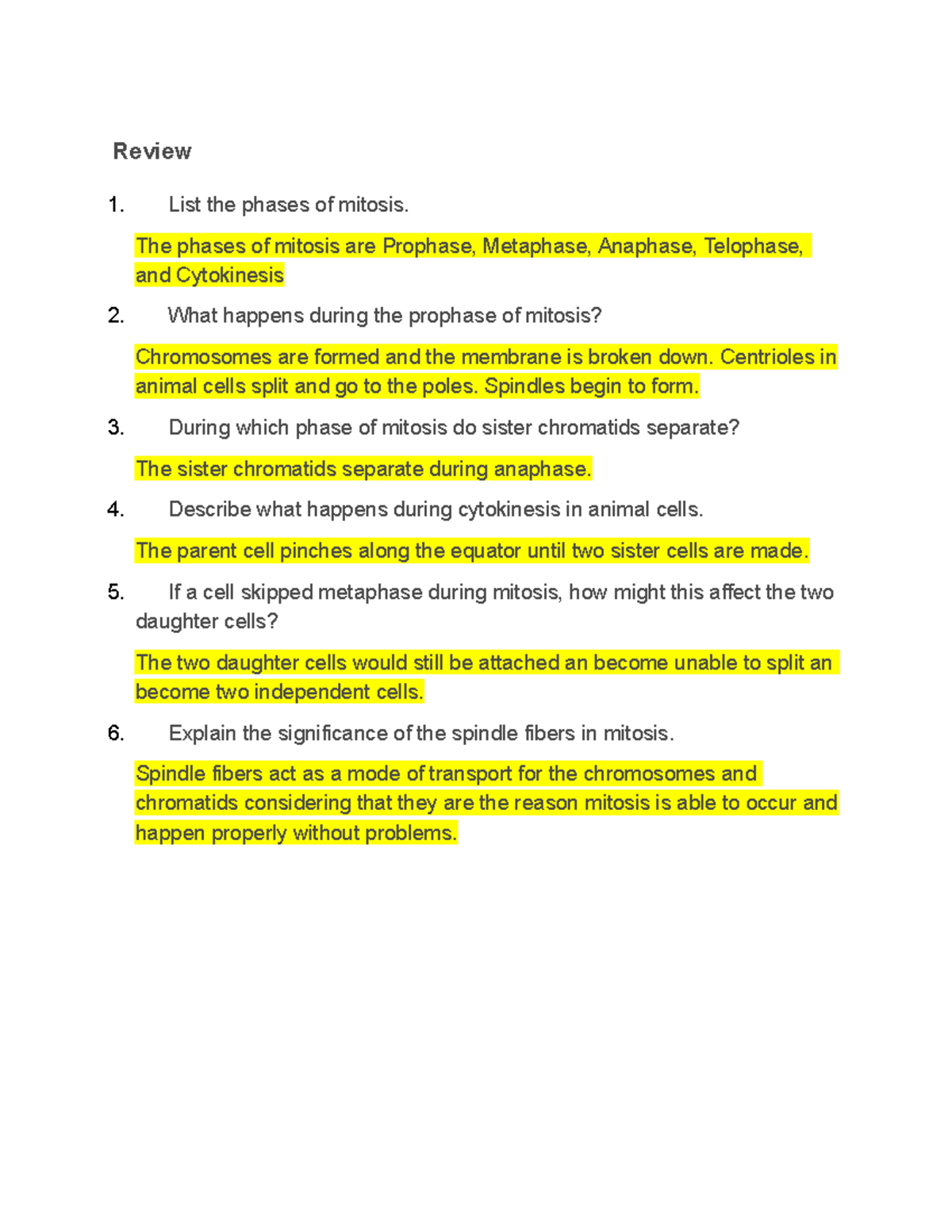 Mitosis Review Questions - Review List the phases of mitosis. The ...