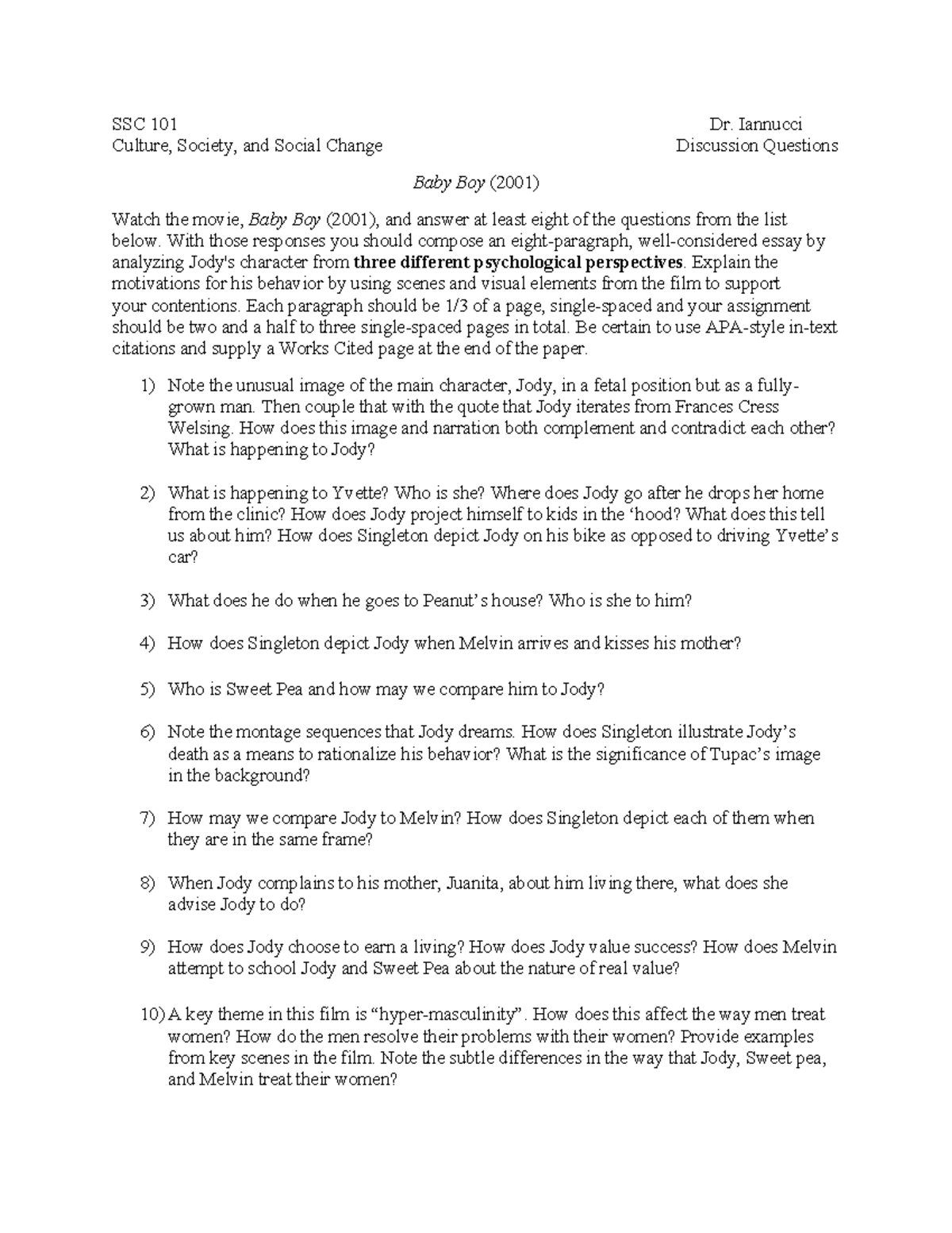 SSC 101 - Baby Boy - Discussion - SSC 101 Dr. Iannucci Culture, Society ...