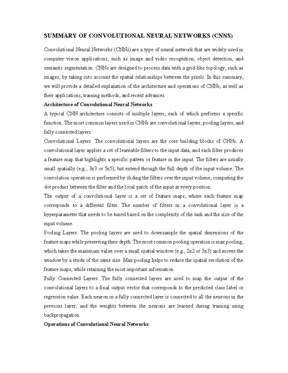 Summary Of Convolutional Neural Networks Cnns Summary Of Convolutional Neural Networks Cnns