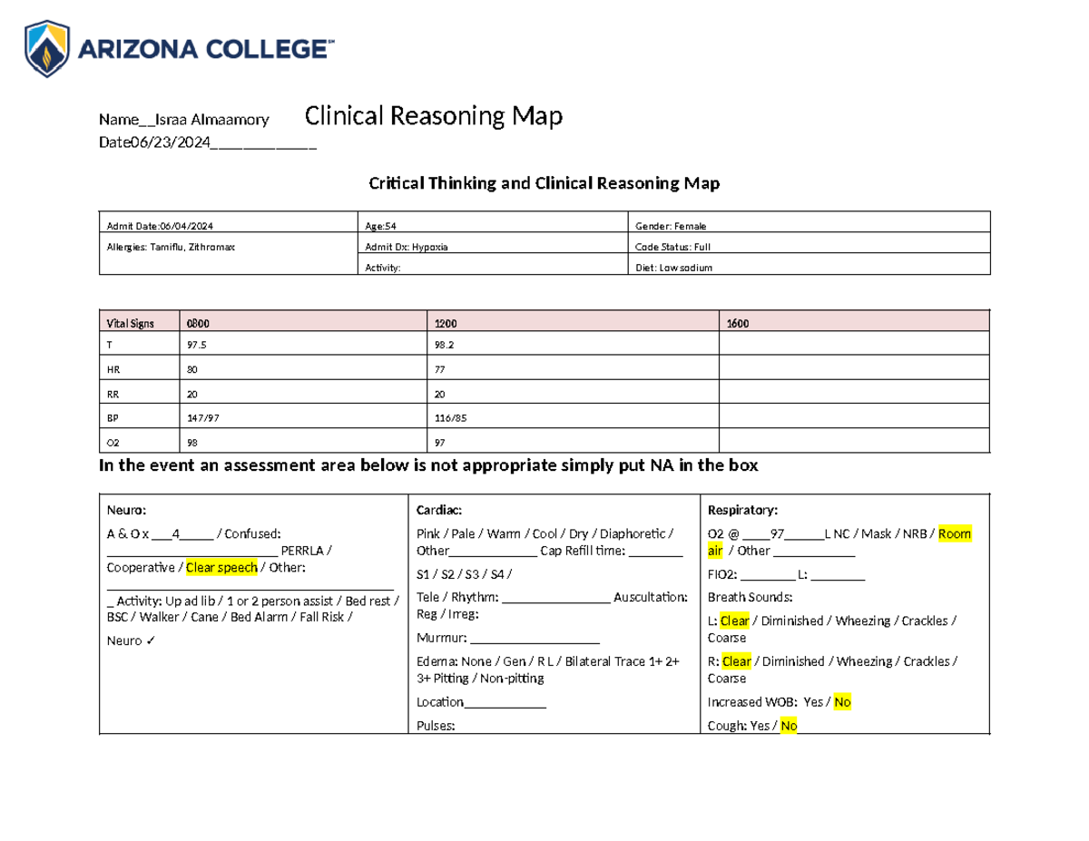Clinical Reasoning Map 1 - Date06/23/2024_____________ Critical ...