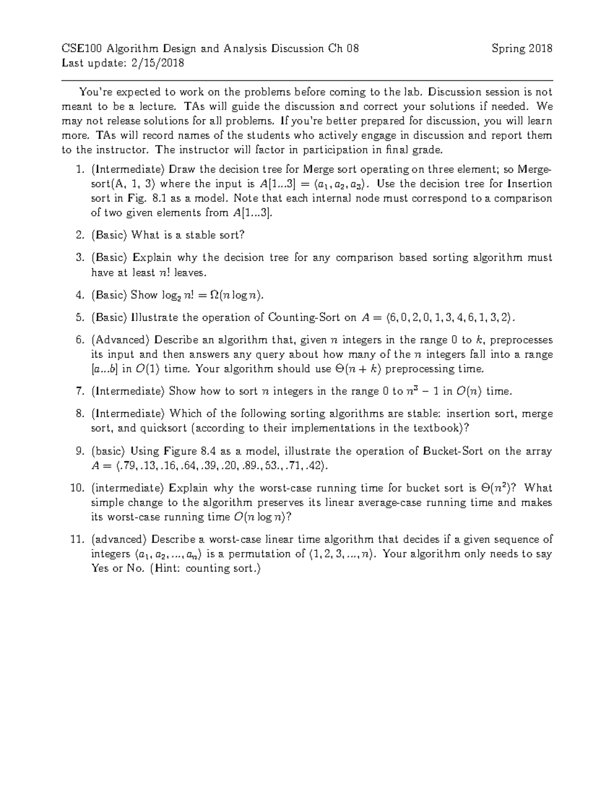 Discussion Ch08 Professor Sungjim Im Cse100 Algorithm Design And Analysis Discussion Ch 08 6150