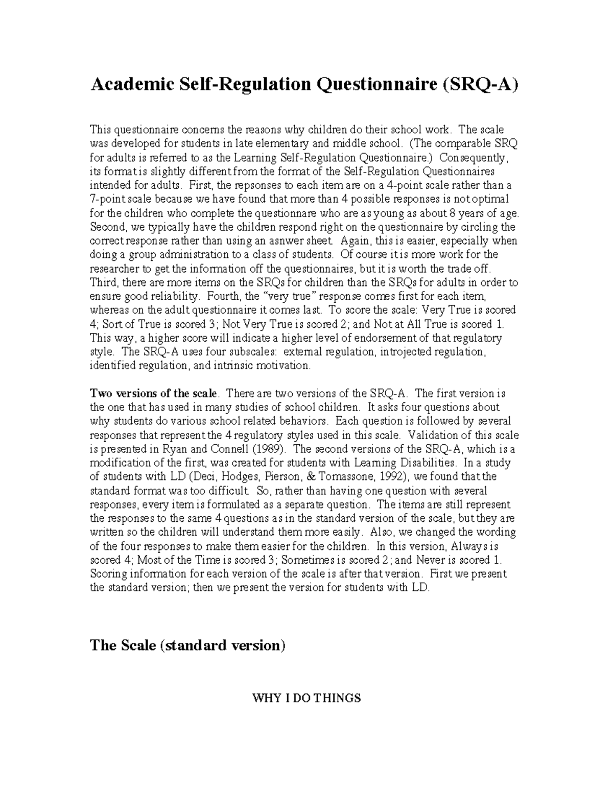 Srq academic - Questionnaire Sample - Academic Self-Regulation ...