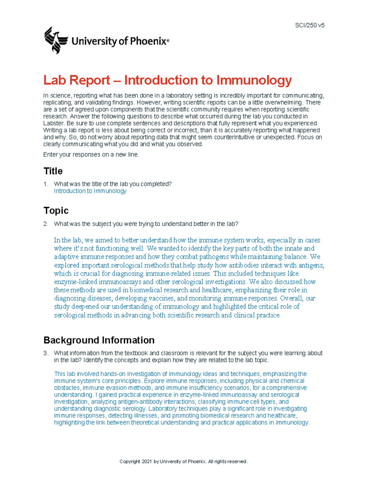 Sci250 v5 wk6 introduction to immunology - SCI/250 v Lab Report ...