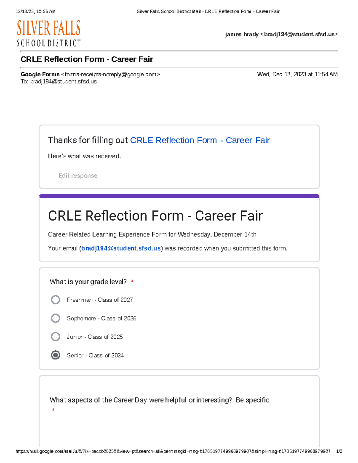 Crle - fafdsaf - 12/18/23, 10:55 AM Silver Falls School District Mail ...