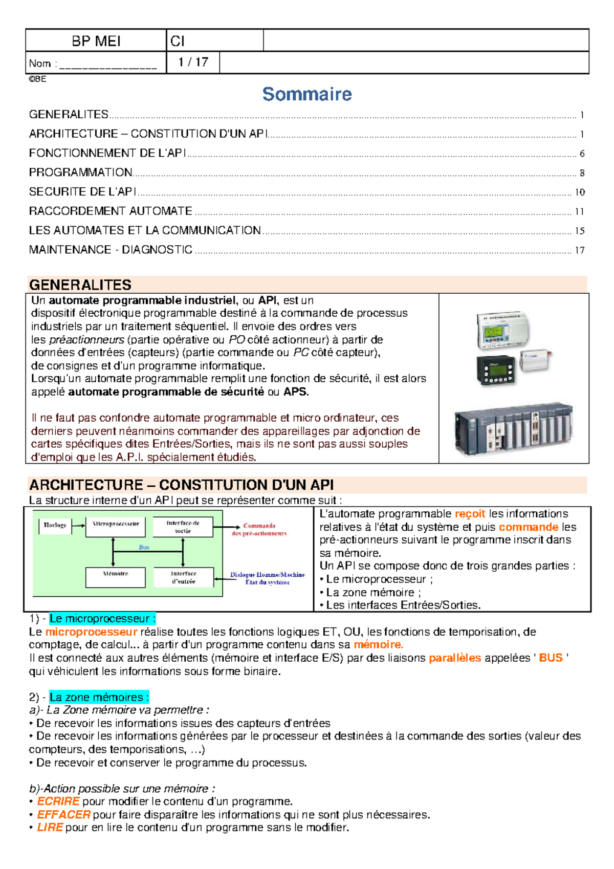 Dr api - Automate programmable api - Nom : _________________ 1 / 17 ©BE ...