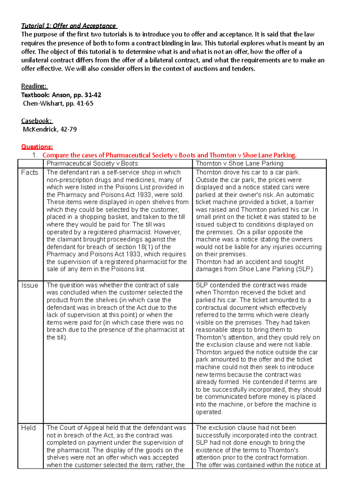 Contract- Tutorial 1 - Tutorial 1: Offer and Acceptance The purpose of the first two tutorials ...