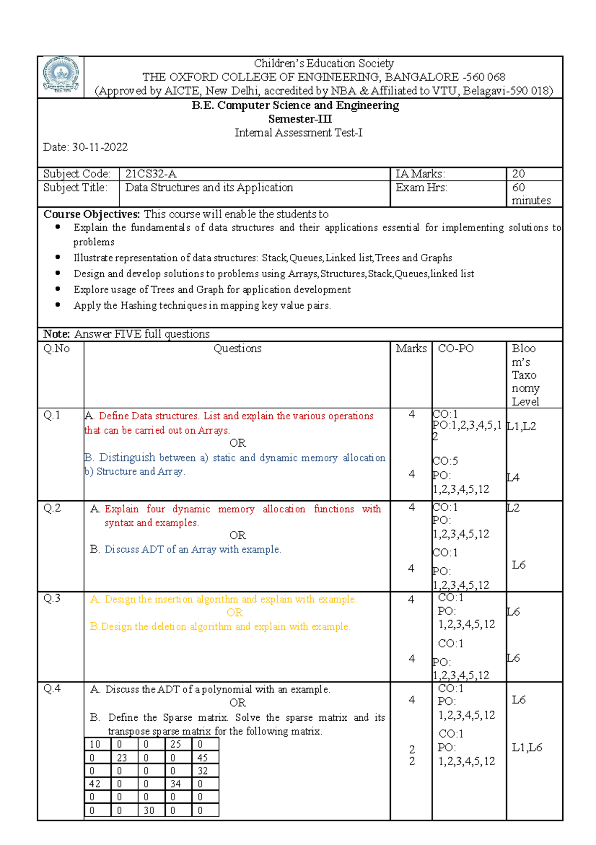21CS32-A IAT1 - Chtsvduz5 - Children’s Education Society THE OXFORD ...