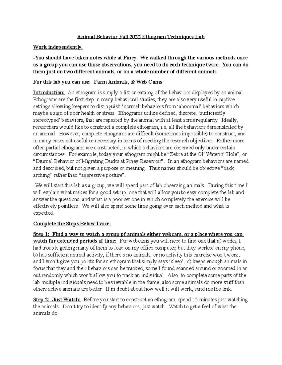 Animal Behavior Ethogram Techniques Lab F22 - Animal Behavior Fall 2022 ...