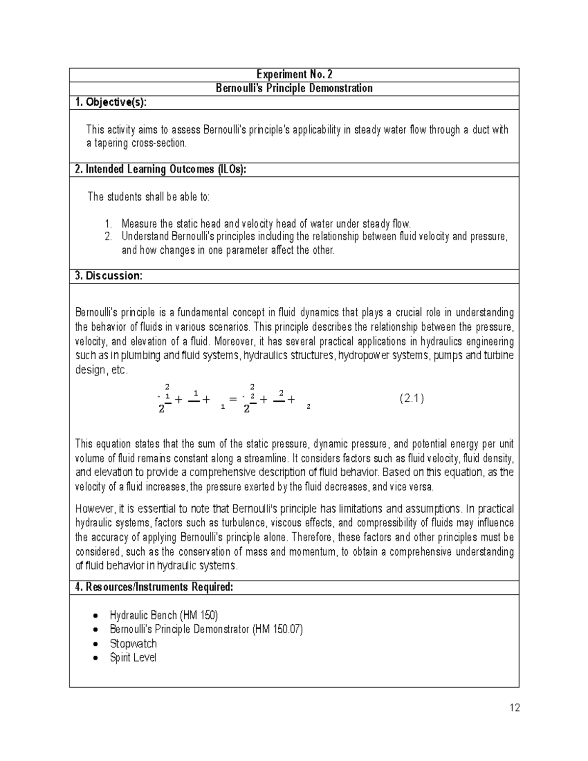 Opilac, MIguel Anjelo D. Experiment-2 - Experiment No. 2 Bernoulli’s ...