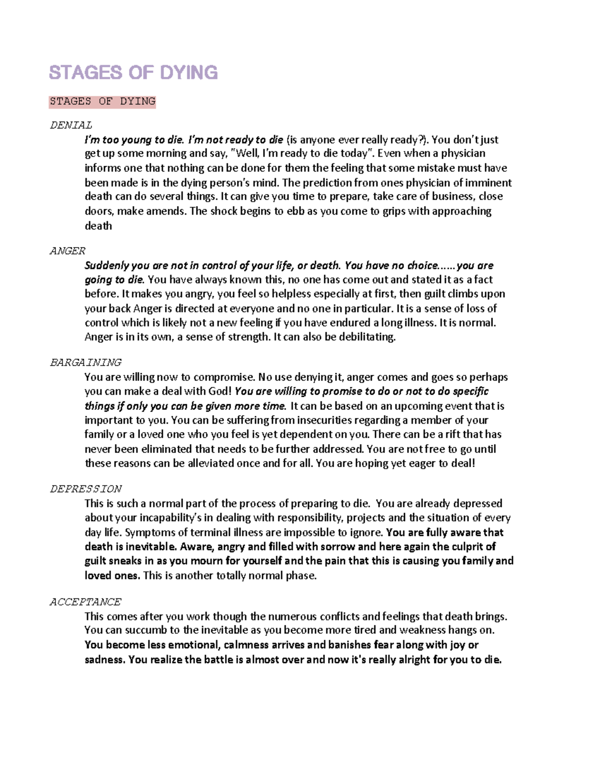 Stages OF Dying - Lecture notes 8 - STAGES OF DYING DENIAL I'm too ...