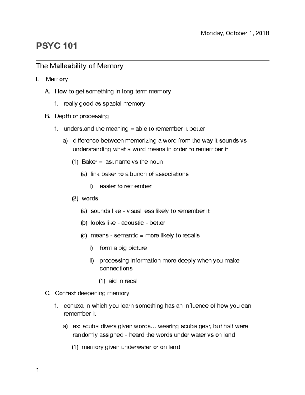 PSYCH 1101-oct1 - Lecture 15 - Monday, October 1, 2018 PSYC 101 The ...