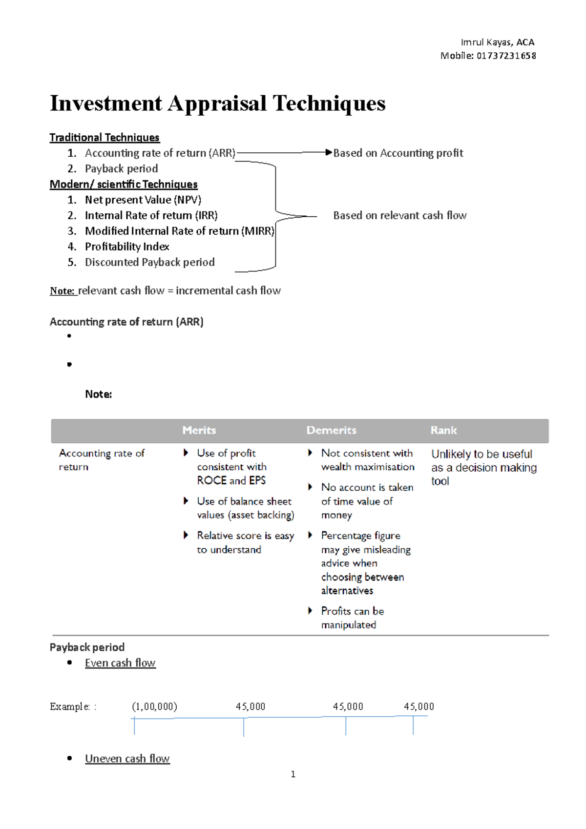 FM Chapter 02 - Investment Appraisal - Mobile: 01737231658 Investment ...