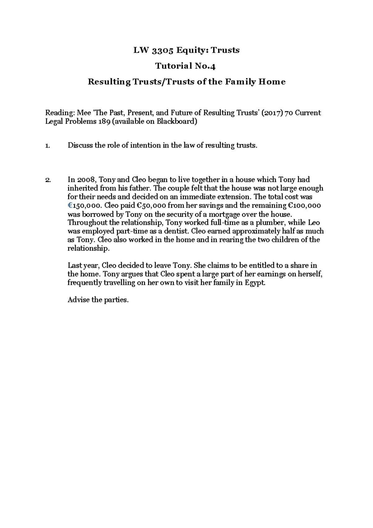 LW 3305 Equity Tutorial No.4 - LW 3305 Equity: Trusts Tutorial No ...
