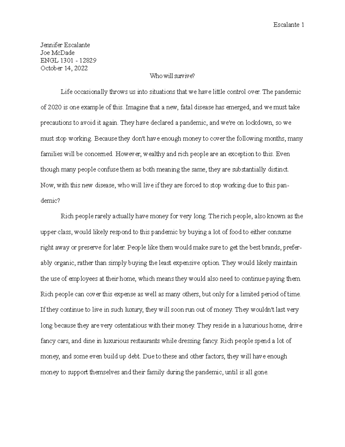 Midterm Pt. 2 Essay - Who will Survive - Escalante 1 Jennifer Escalante ...