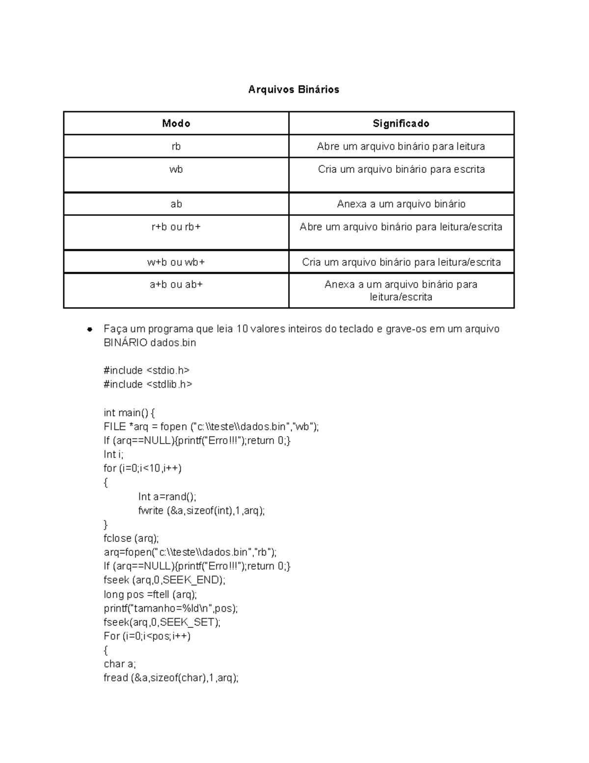 Como fazer arquivo binario em C - Arquivos Binários Modo Significado rb ...