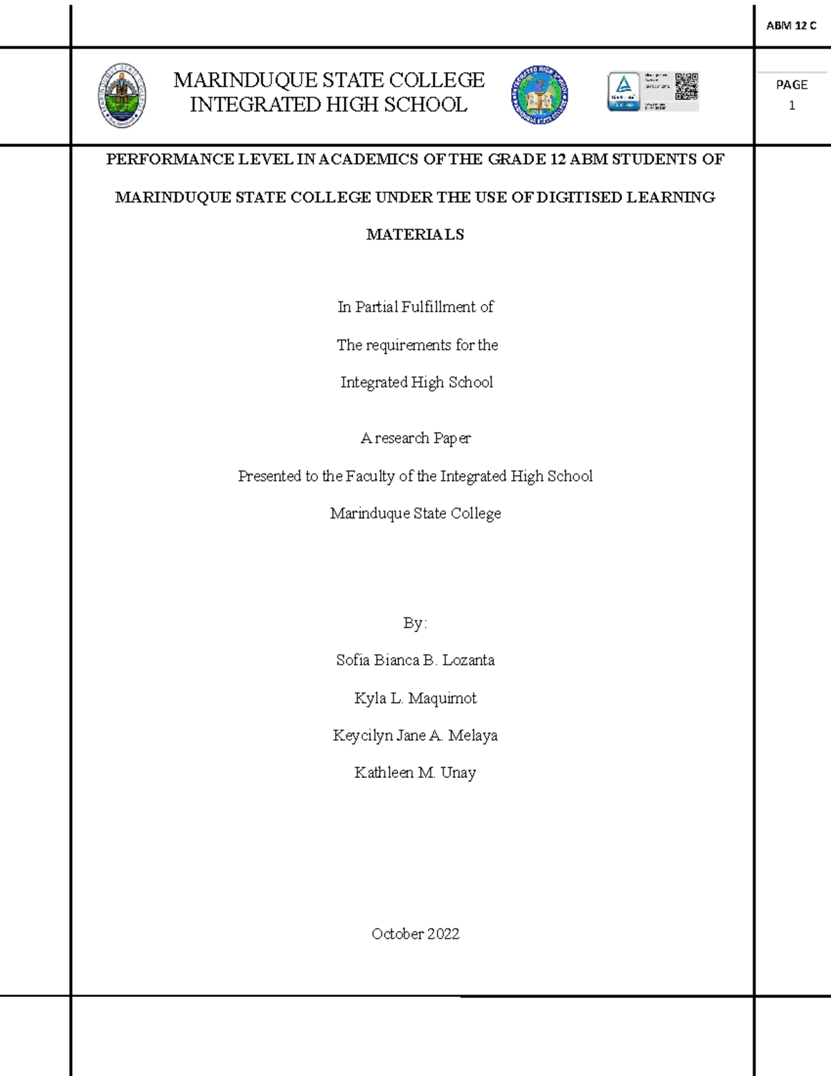 Chapter-1-PR2 - research - PERFORMANCE LEVEL IN ACADEMICS OF THE GRADE ...