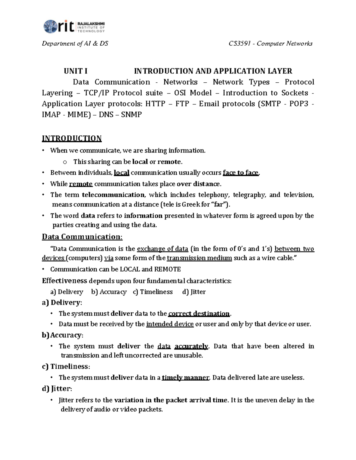 Unit I Introduction And Application Layer Unit I Introduction And