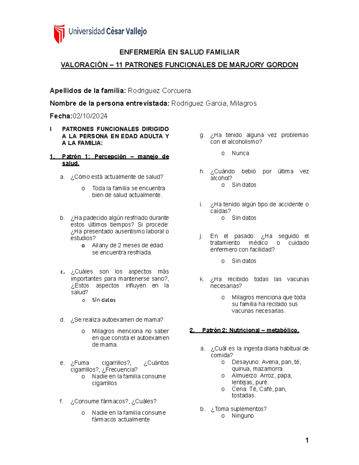 Valoración - 11 Patrones Funcionales DE Marjory Gordon - ENFERMERÍA EN SALUD FAMILIAR VALORACIÓN ...