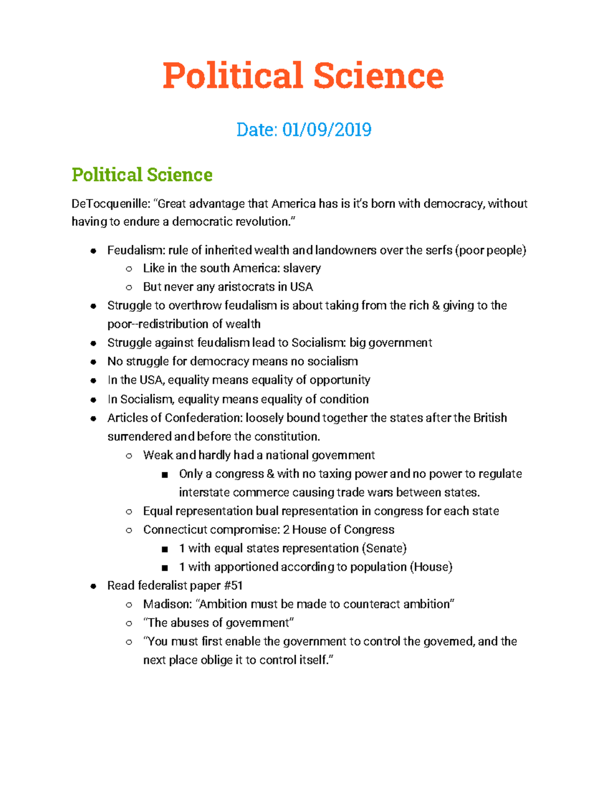 Pol Sci 21A - Lecture notes 1-15 - Political Science Date: 01/09/2019 ...