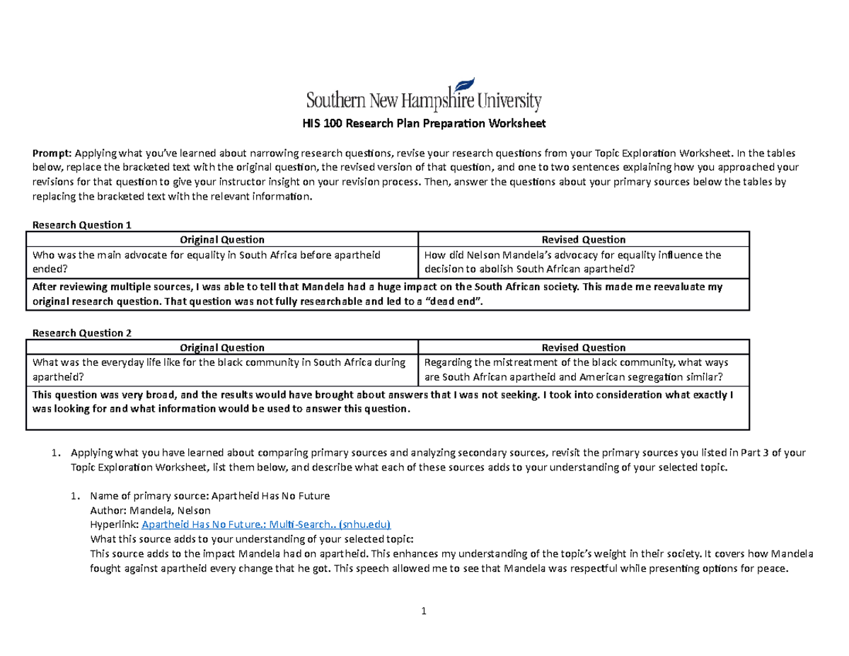 HIS 100 Research Plan Preparation Worksheet - HIS 100 Research Plan ...