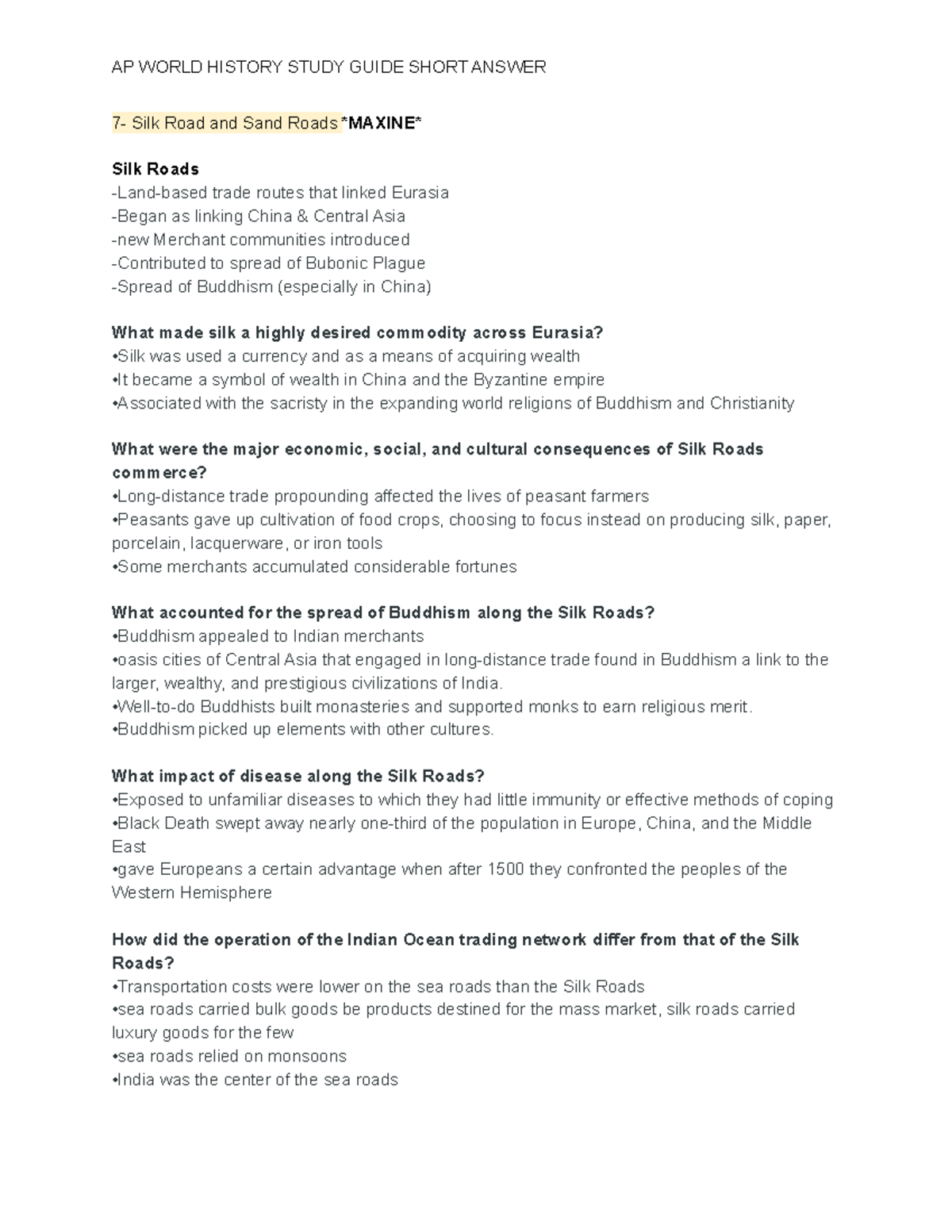 APWH Short Answer Study Guide - 7- Silk Road and Sand Roads MAXINE Silk ...