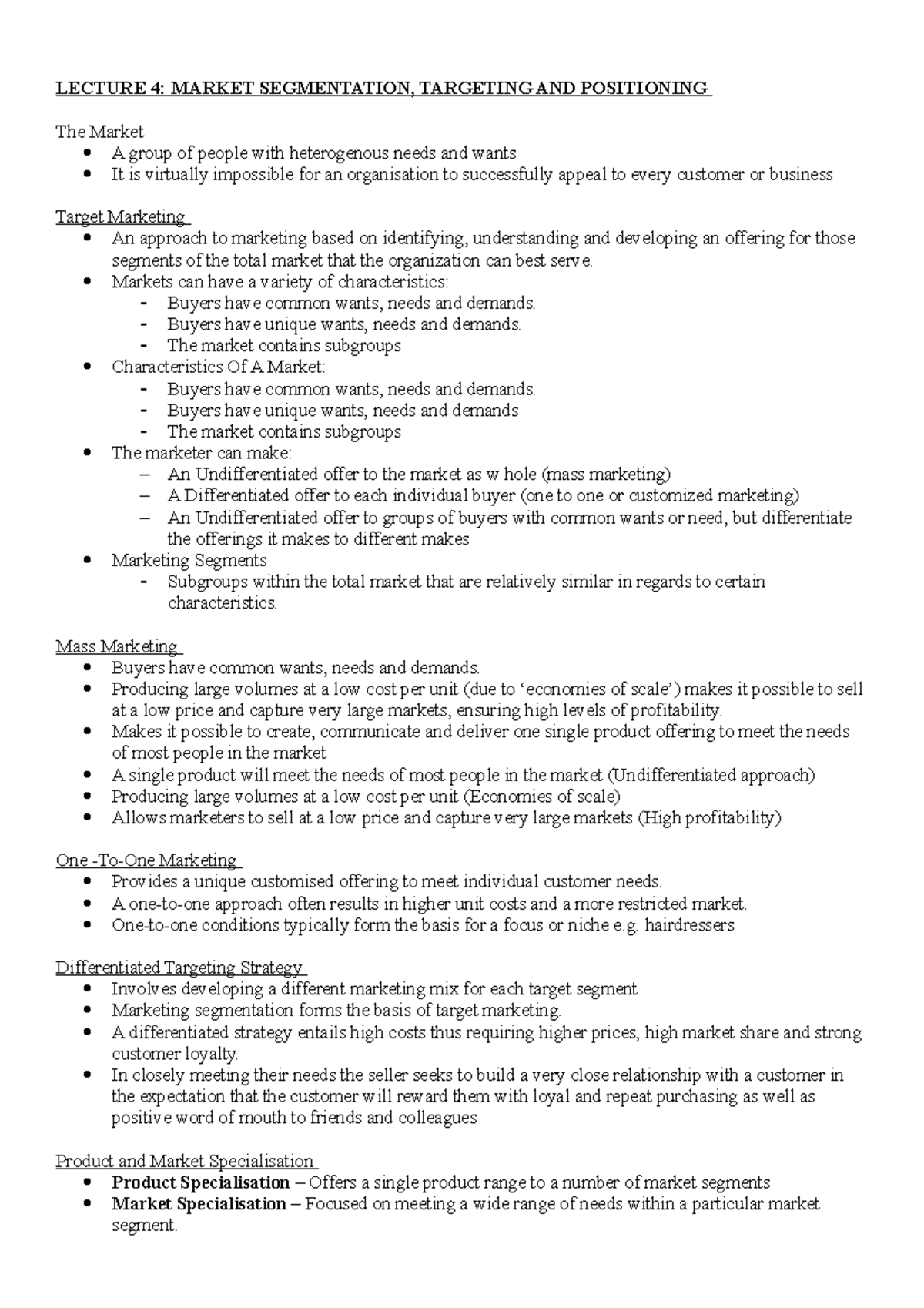 Lecture 4 Market Segmentation Targeting And Positioning Notes