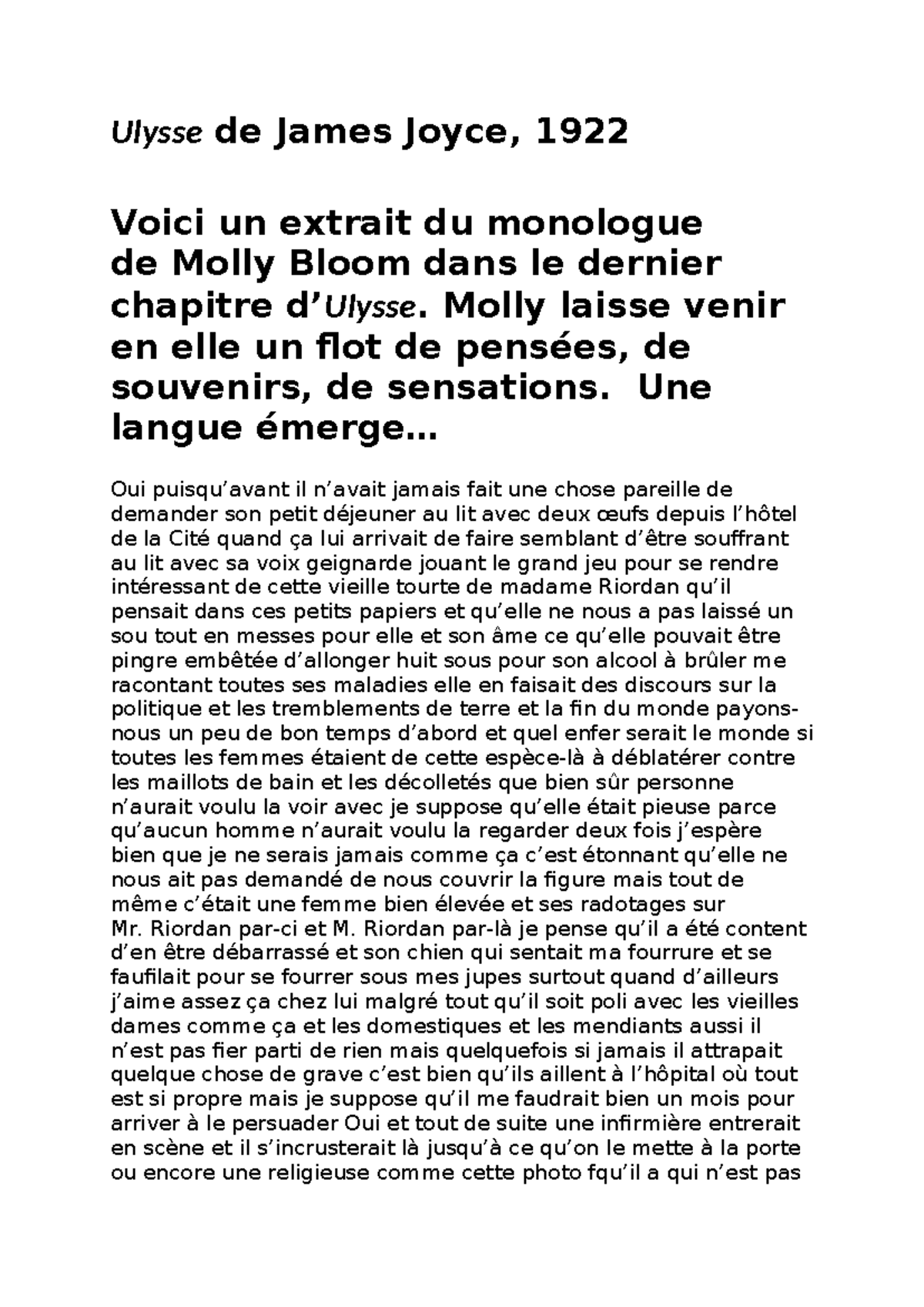 Ulysse - devoir - Ulysse de James Joyce, 1922 Voici un extrait du ...